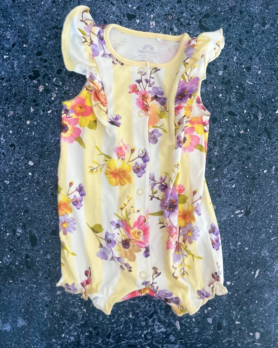 Next yellow and white striped floral baby grow 0/3M – Nearly New Kids